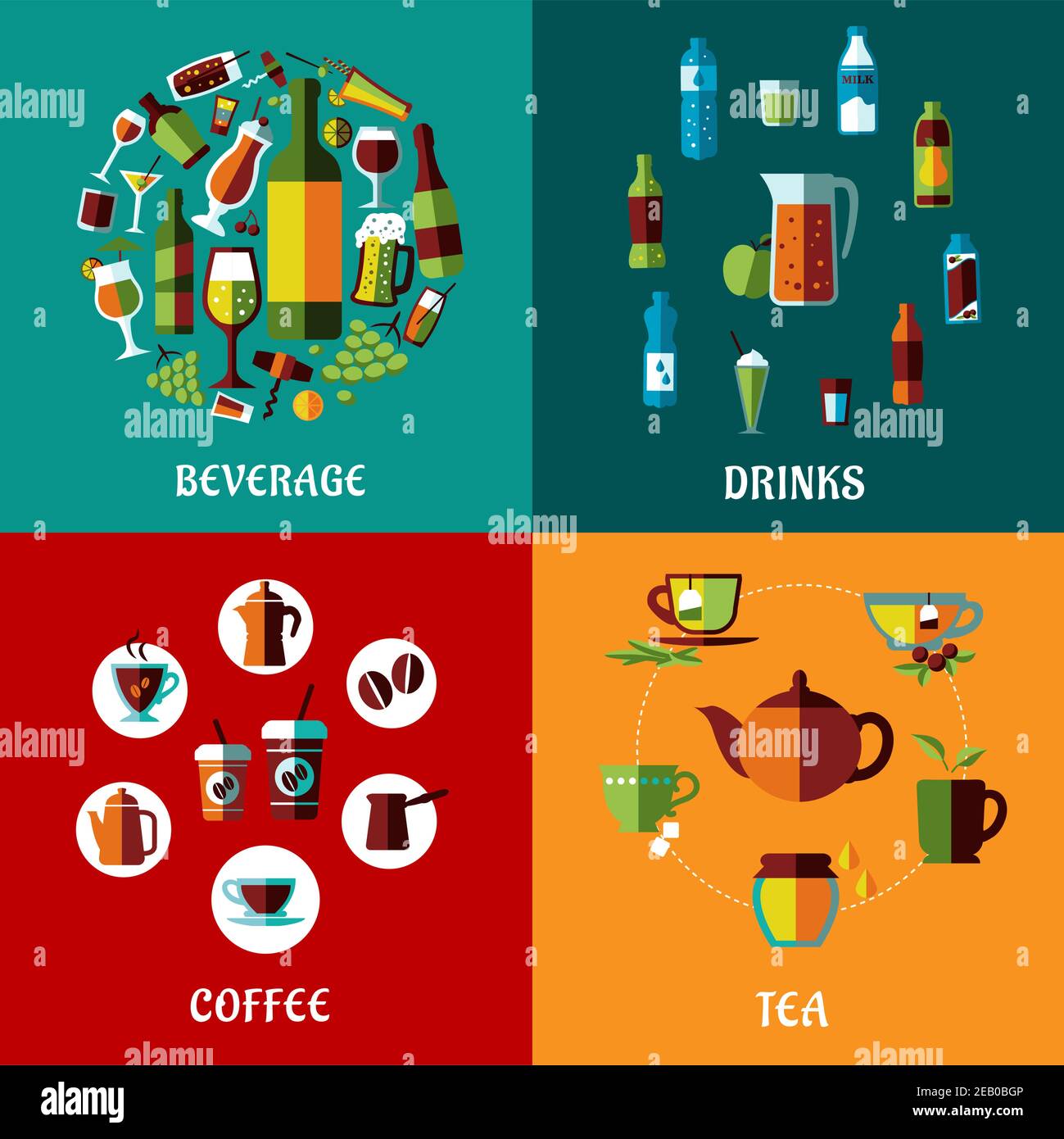 Drinks and beverages flat compositions for cafe, restaurants and menu ...