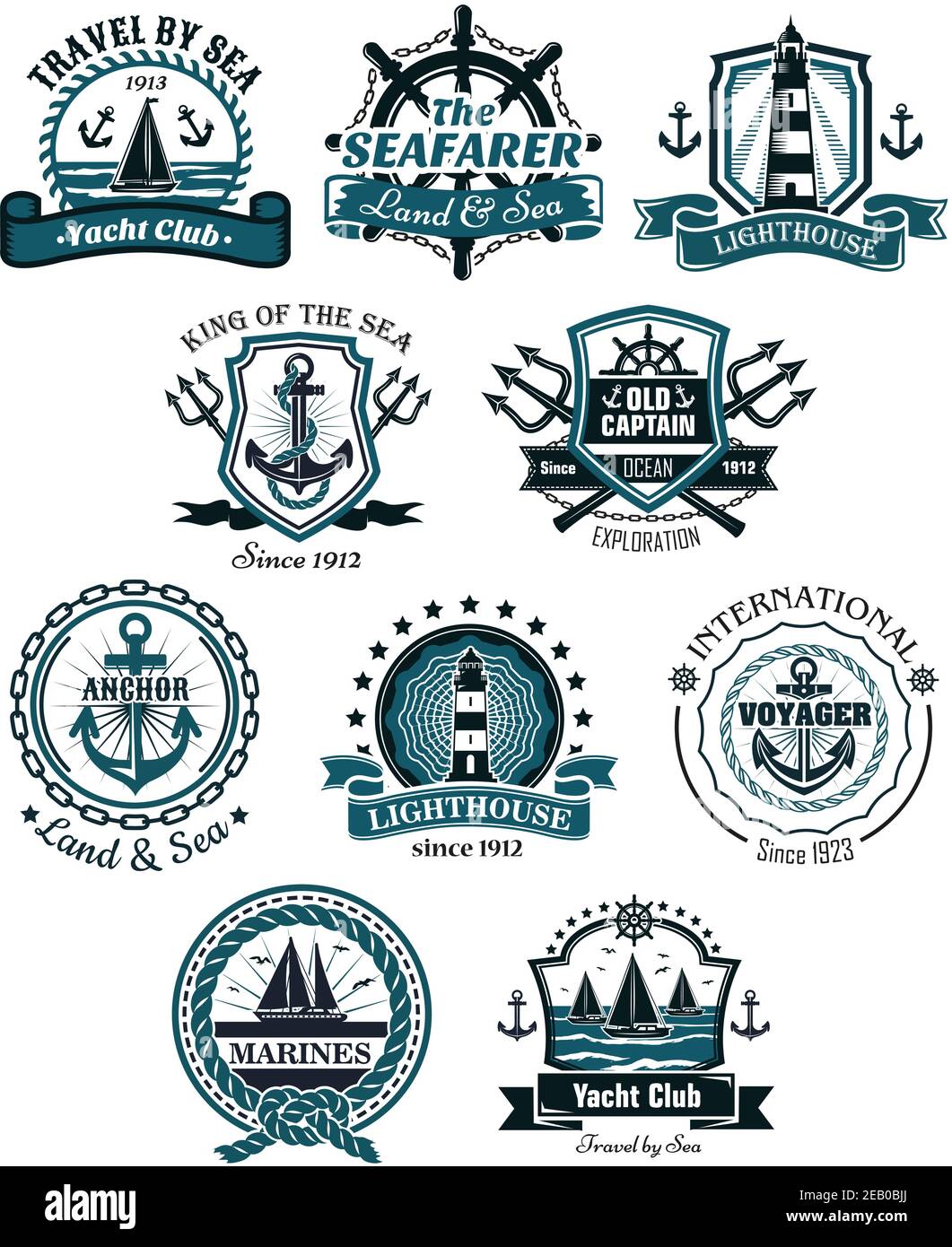 Marine emblems and banners with helm, rope, yacht, lighthouse, trident ...