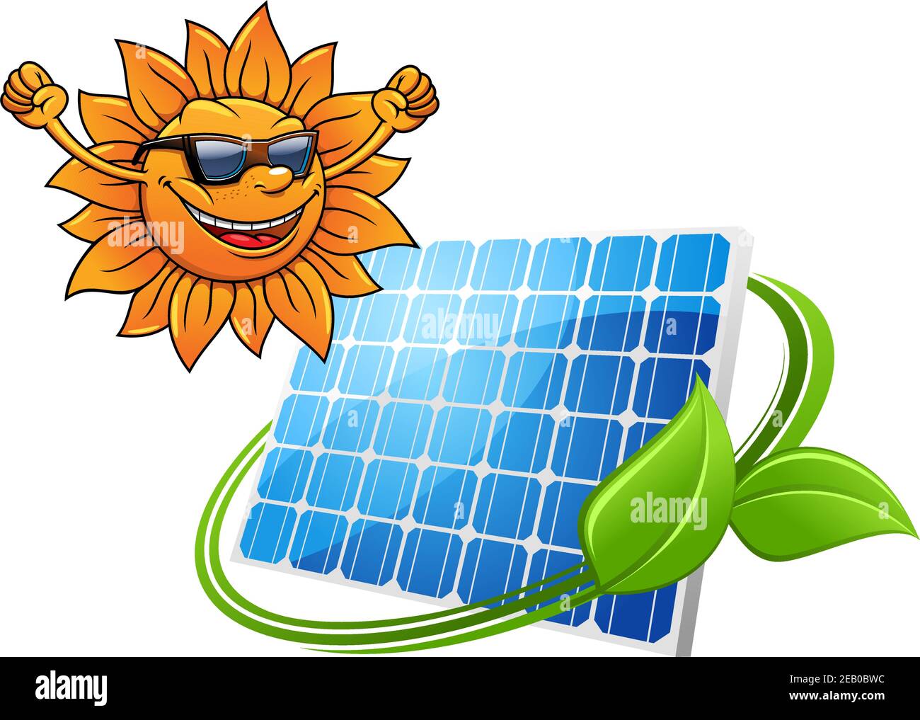 Happy cartoon sun with solar photovoltaic panel for environment and ...