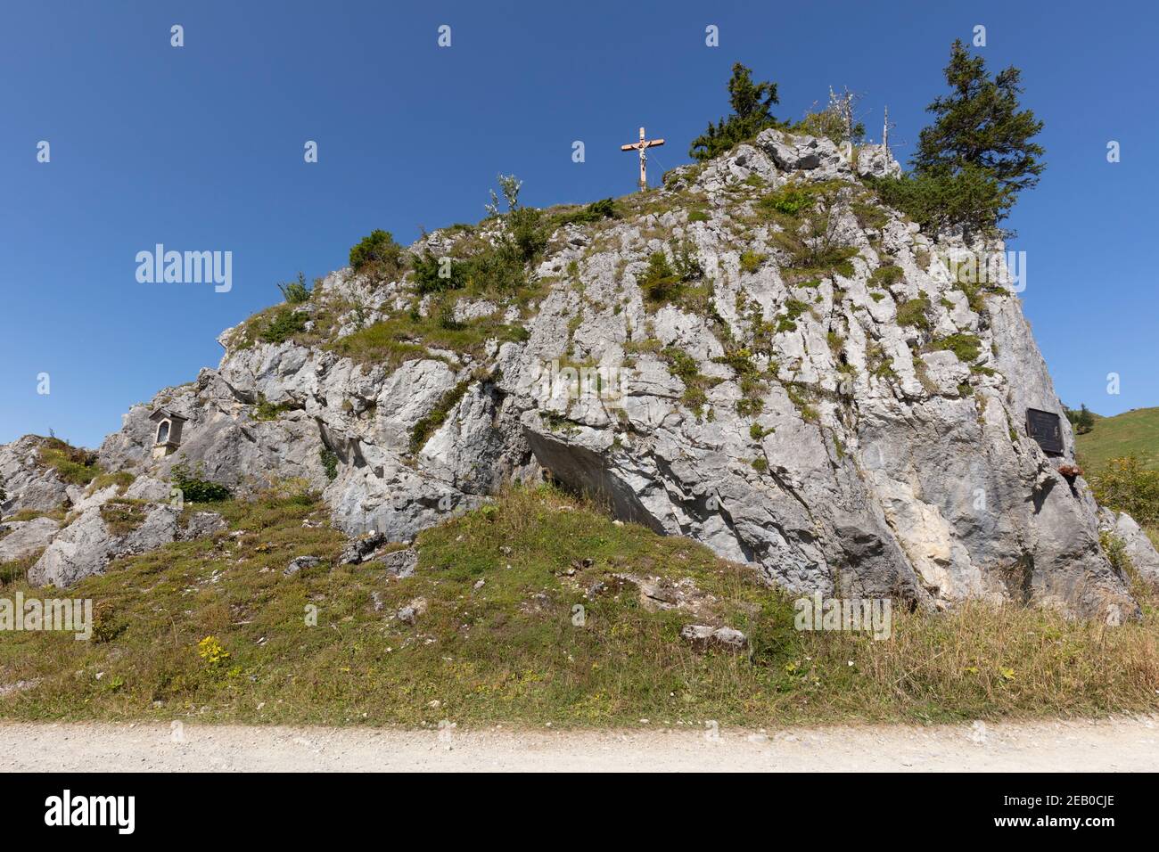 Cross on rocks at Wallberg mountain, Bavaria, Germany, Europe Stock ...