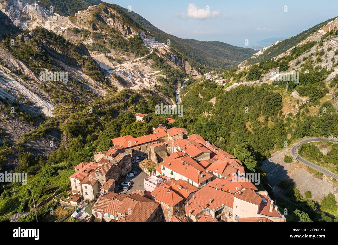 Aerial view of ancient village Colonnata situated in the Apuan Alps ...