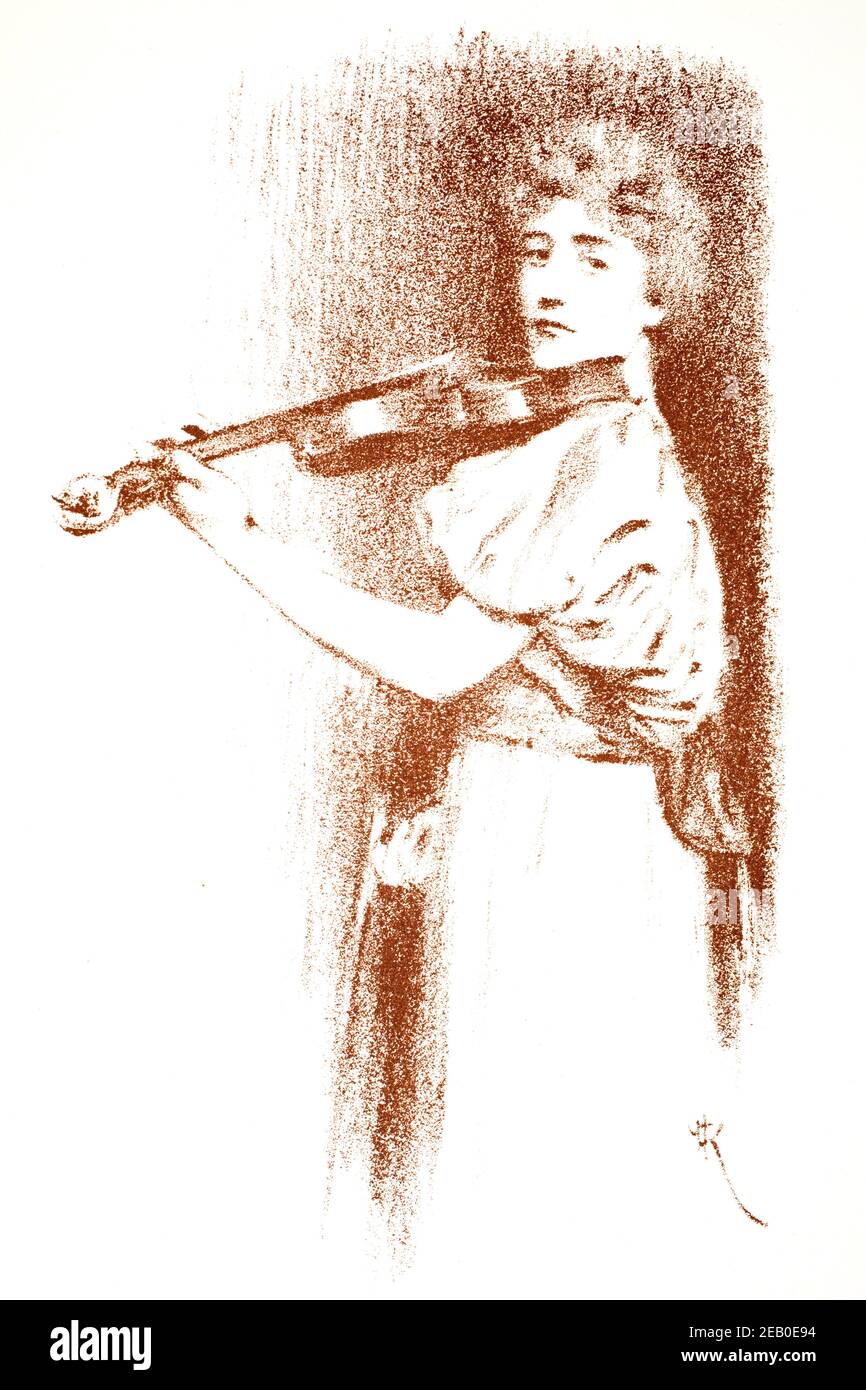 Female violinist, auto lithograph by symbolist Belgian painter Fernand ...