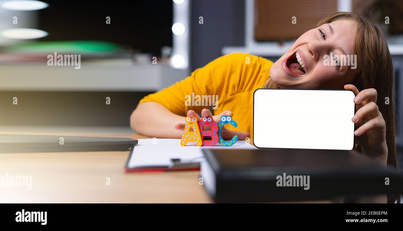 Banner,long format. Young happy and energetic English teacher posing ...