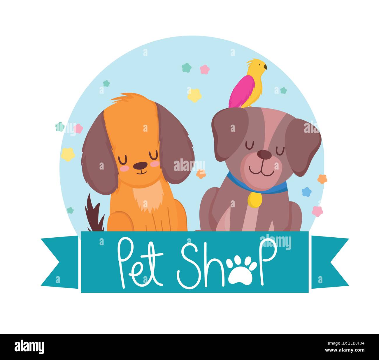 pet shop cute dogs with parrot animals cartoon vector illustration ...