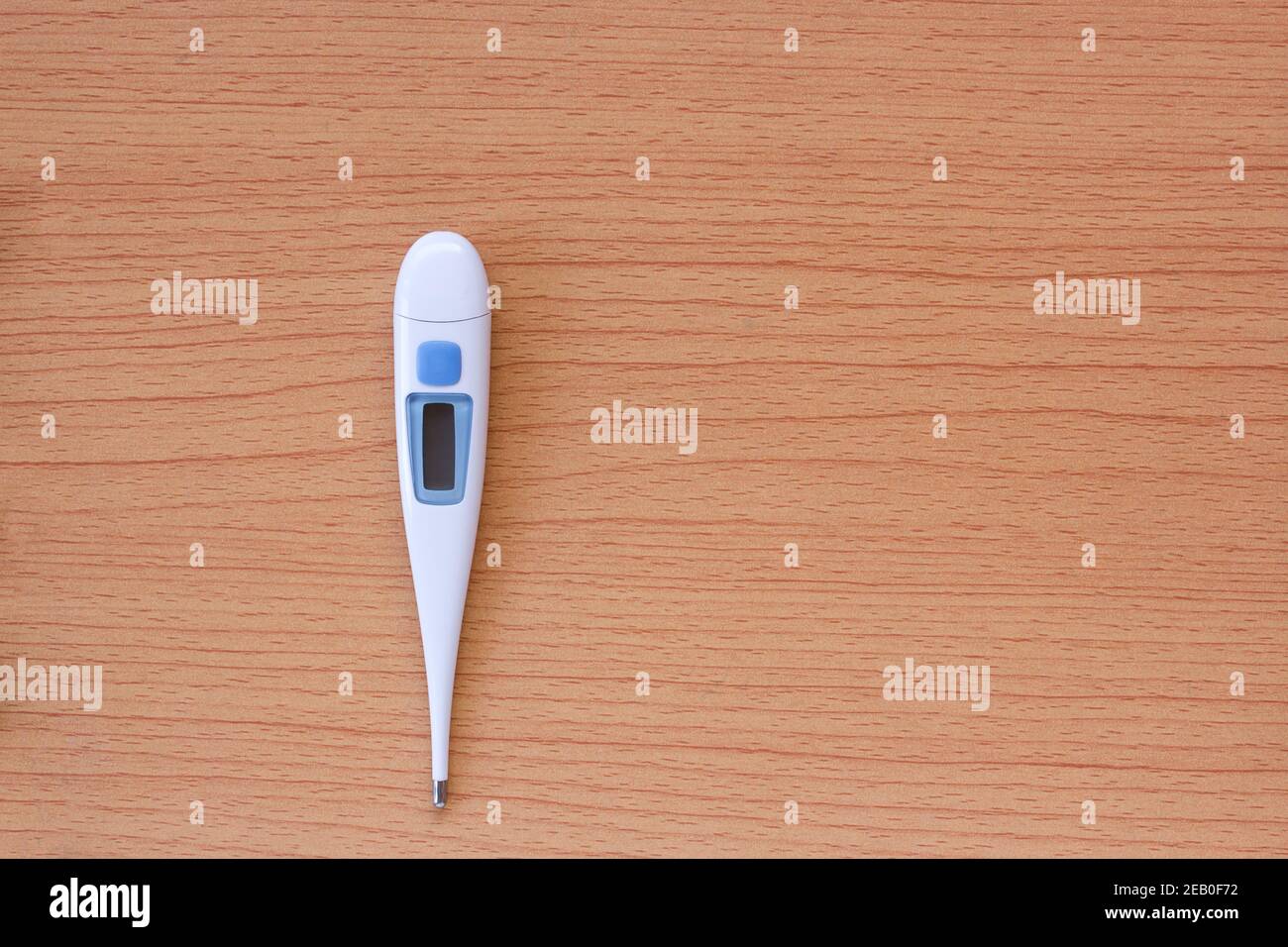 Thermometer on wooden table top view with copy space for design Stock ...