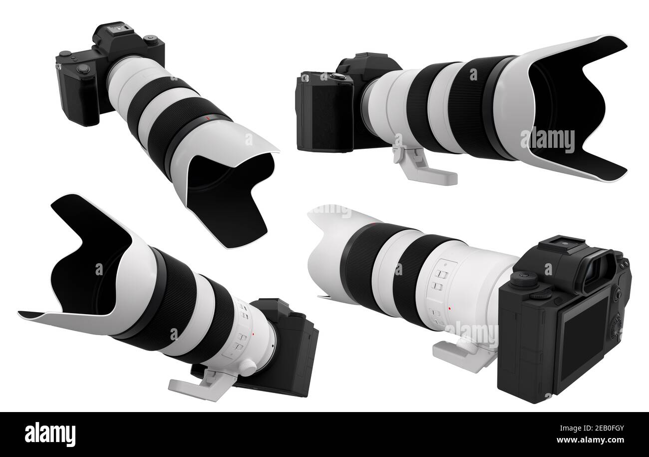 Concept of nonexistent DSLR camera with lens isolated on a white ...