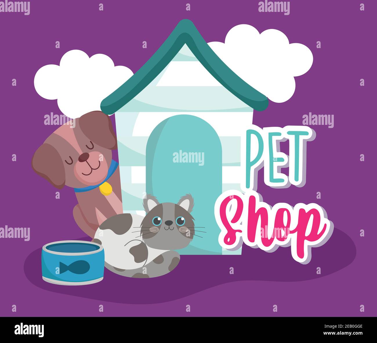 pet shop cute puppy cat food and house cartoon vector illustration ...