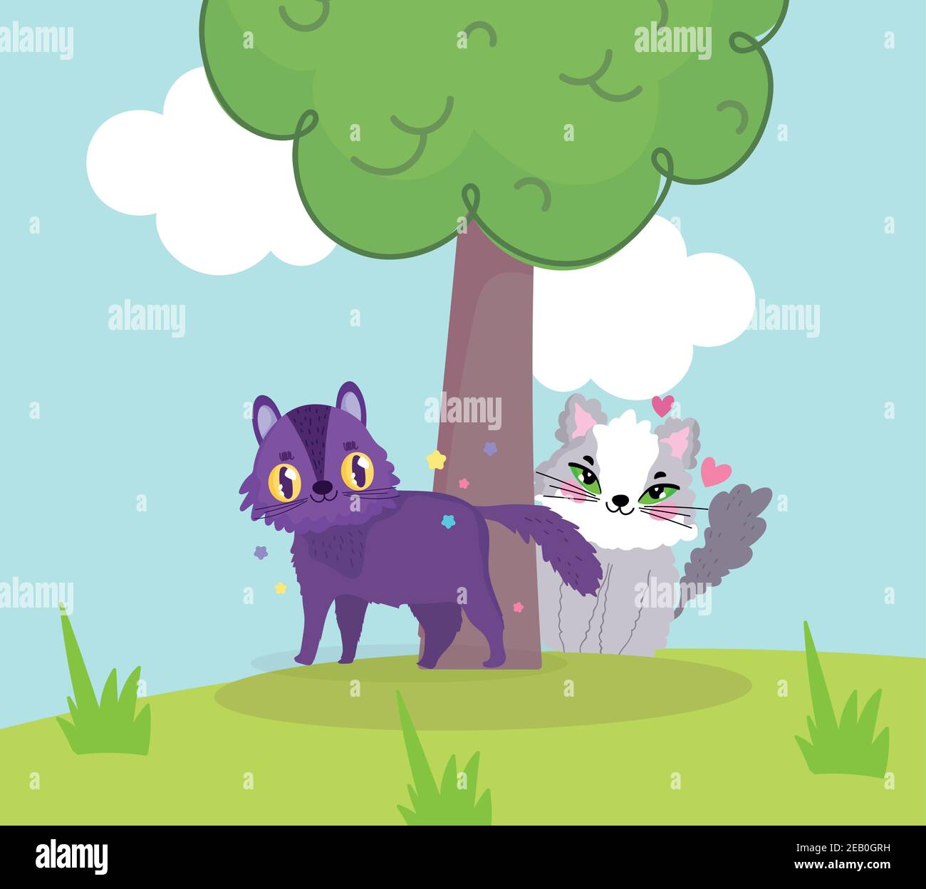 cute cats playing tree grass cartoon scene vector illustration Stock ...