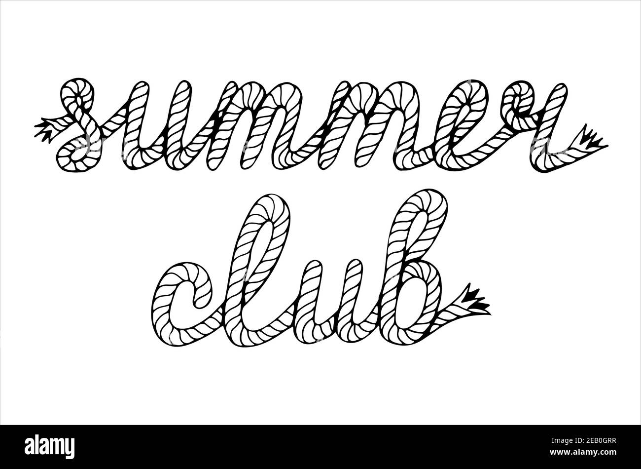 Summer club, lettering with hawser, hand drawn vector illustration ...
