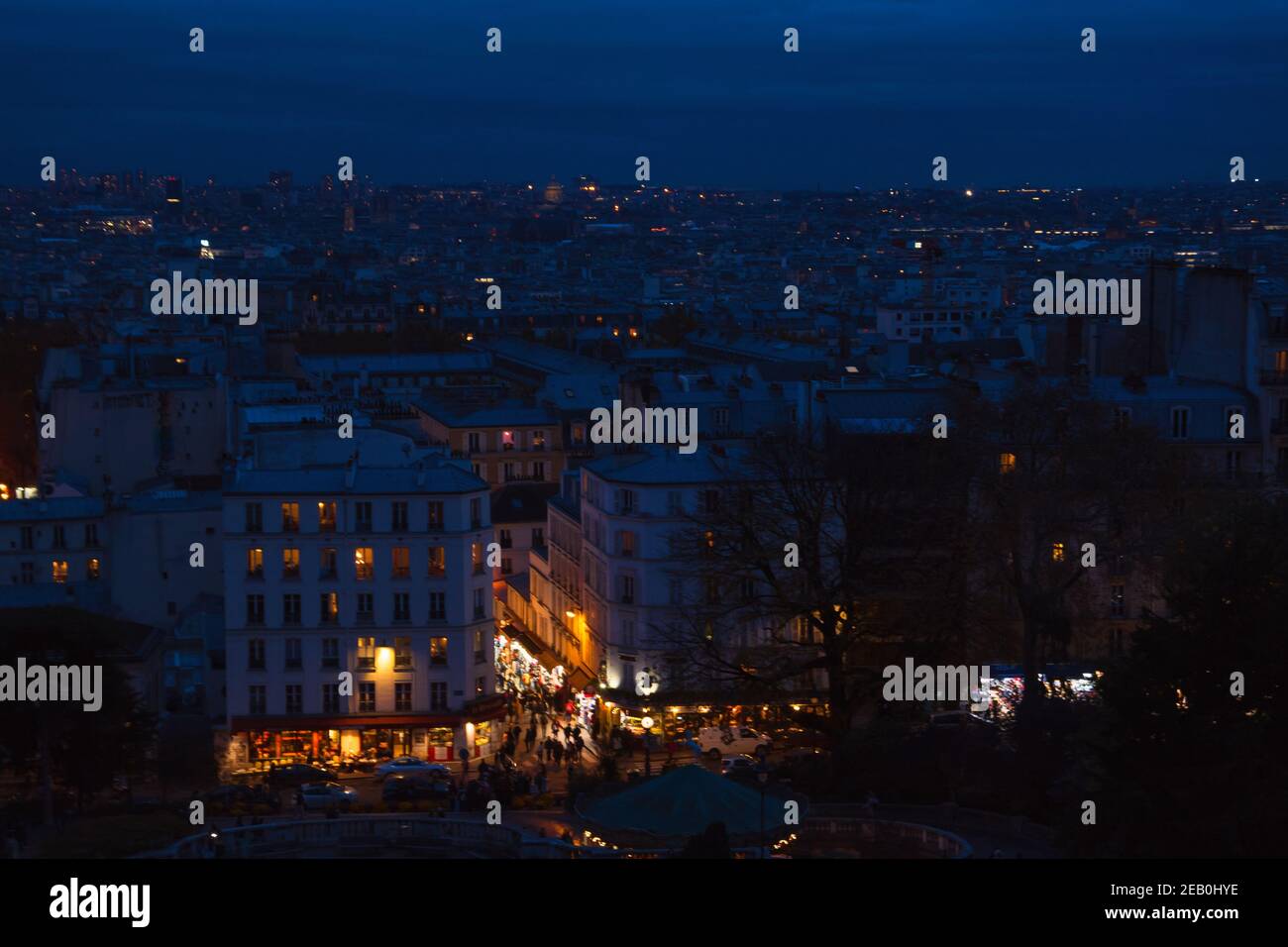 Paris night view from Montmartre hill. Beautiful evening blue hour ...