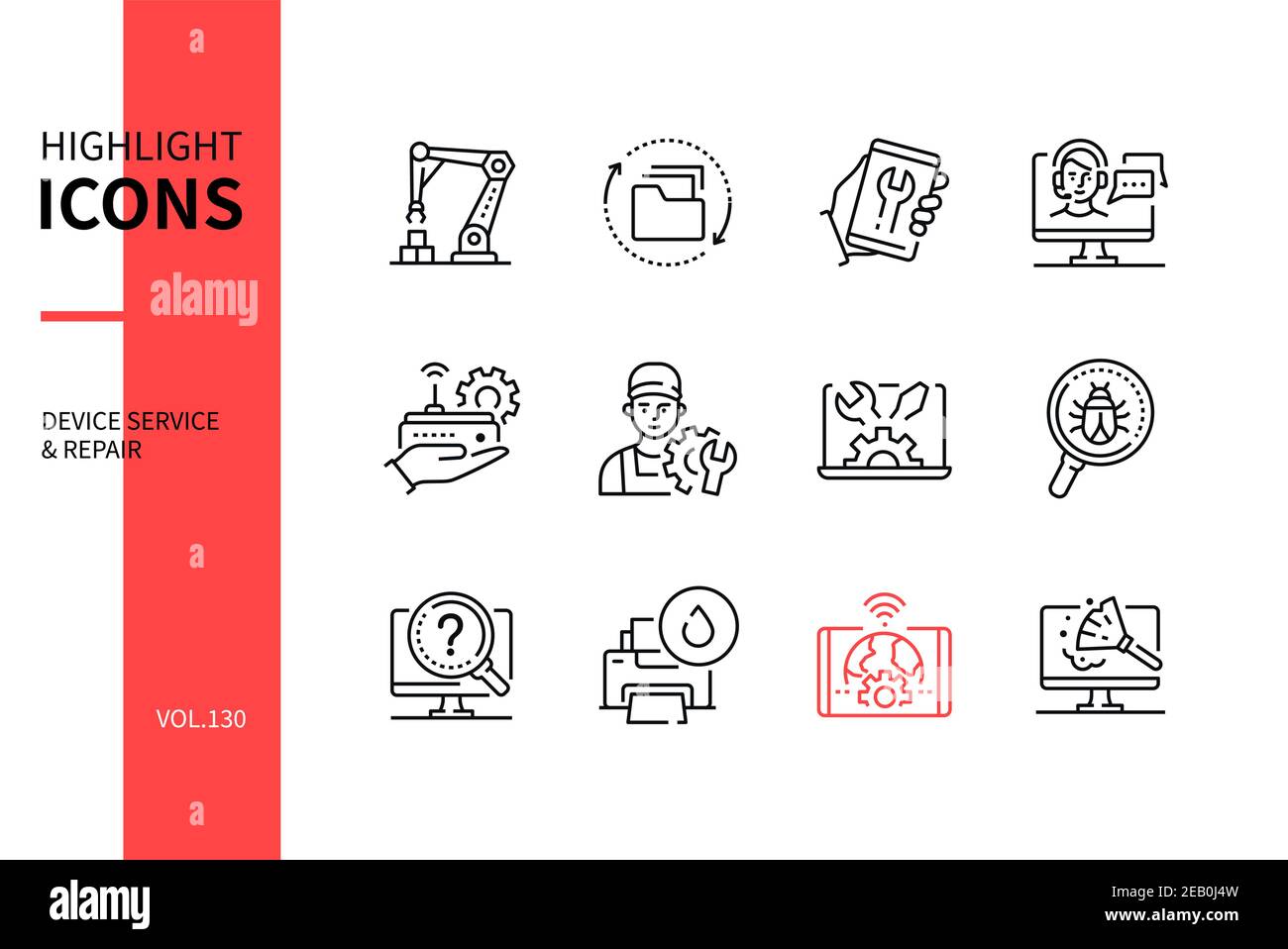 Device service and repair - modern line design style icons set. IT ...