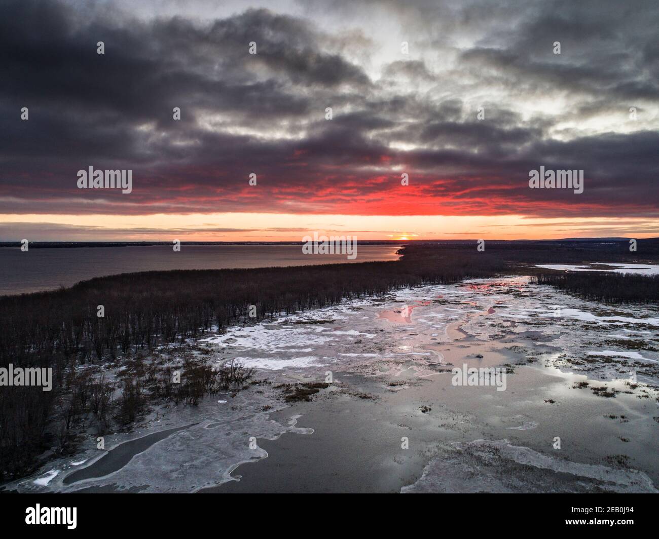 aerial landscape over water at twilight Stock Photo - Alamy