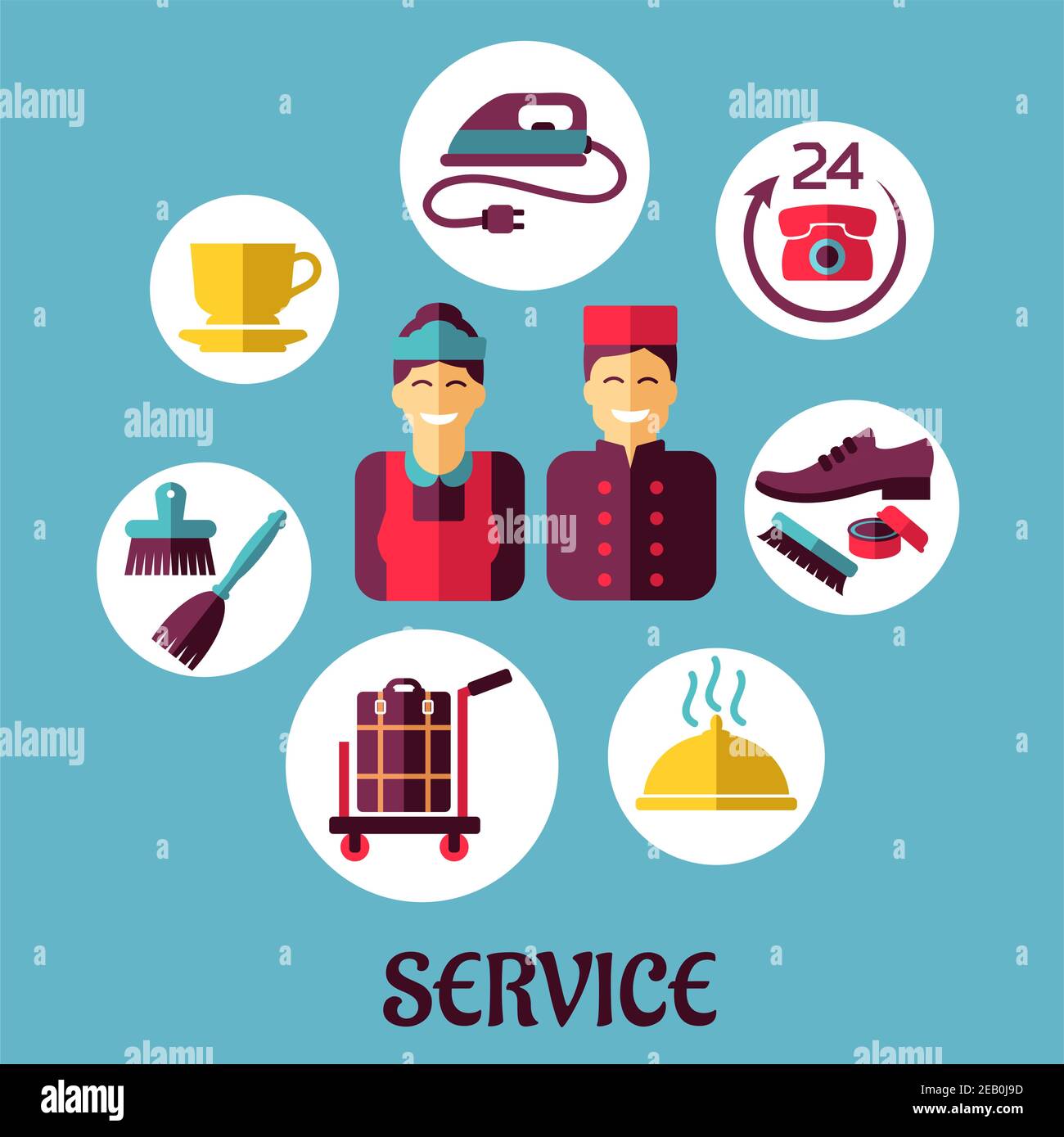 Concept in flat design for hotel services with bell boy, maid and ...