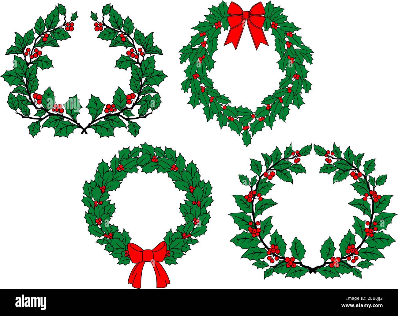 Set of Christmas traditional holly wreaths with red berries, ribbon ...