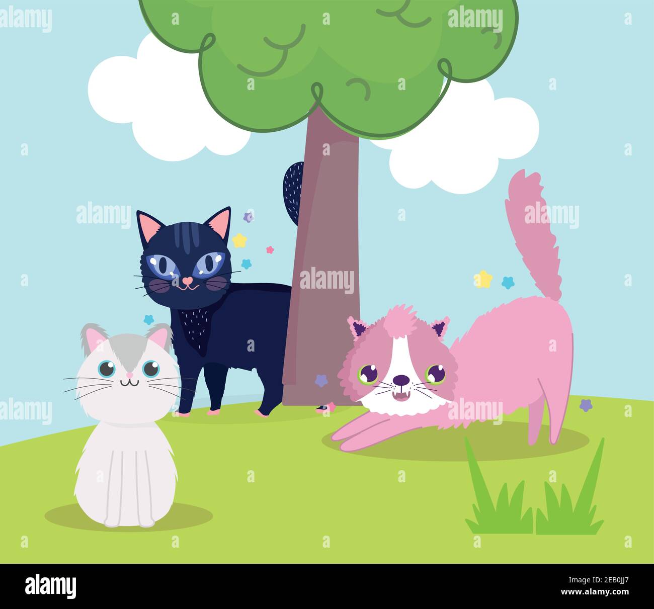 cute cats in the meadow with tree cartoon vector illustration Stock ...