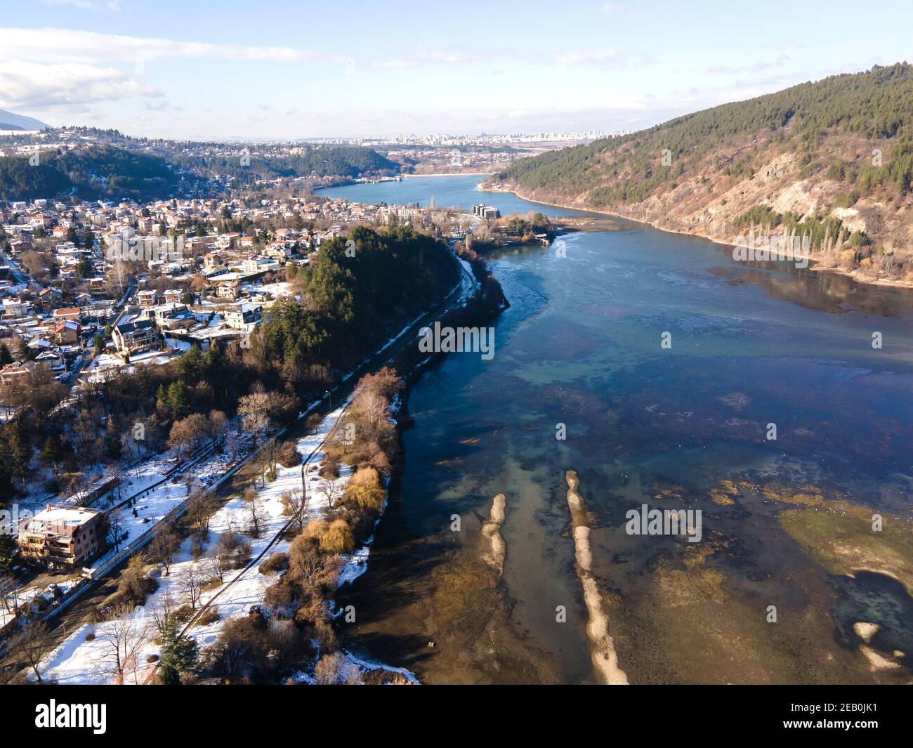 Aerial winter view of Pancharevo lake, Sofia city Region, Bulgaria ...