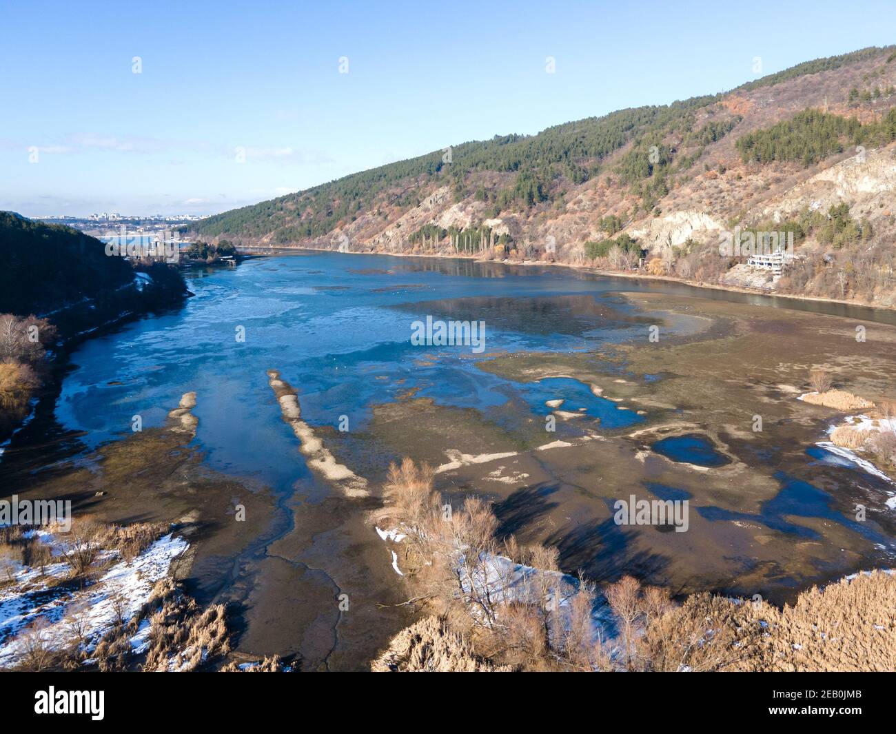 Aerial winter view of Pancharevo lake, Sofia city Region, Bulgaria ...