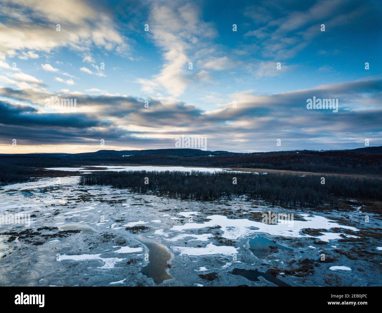 aerial landscape over water at twilight Stock Photo - Alamy