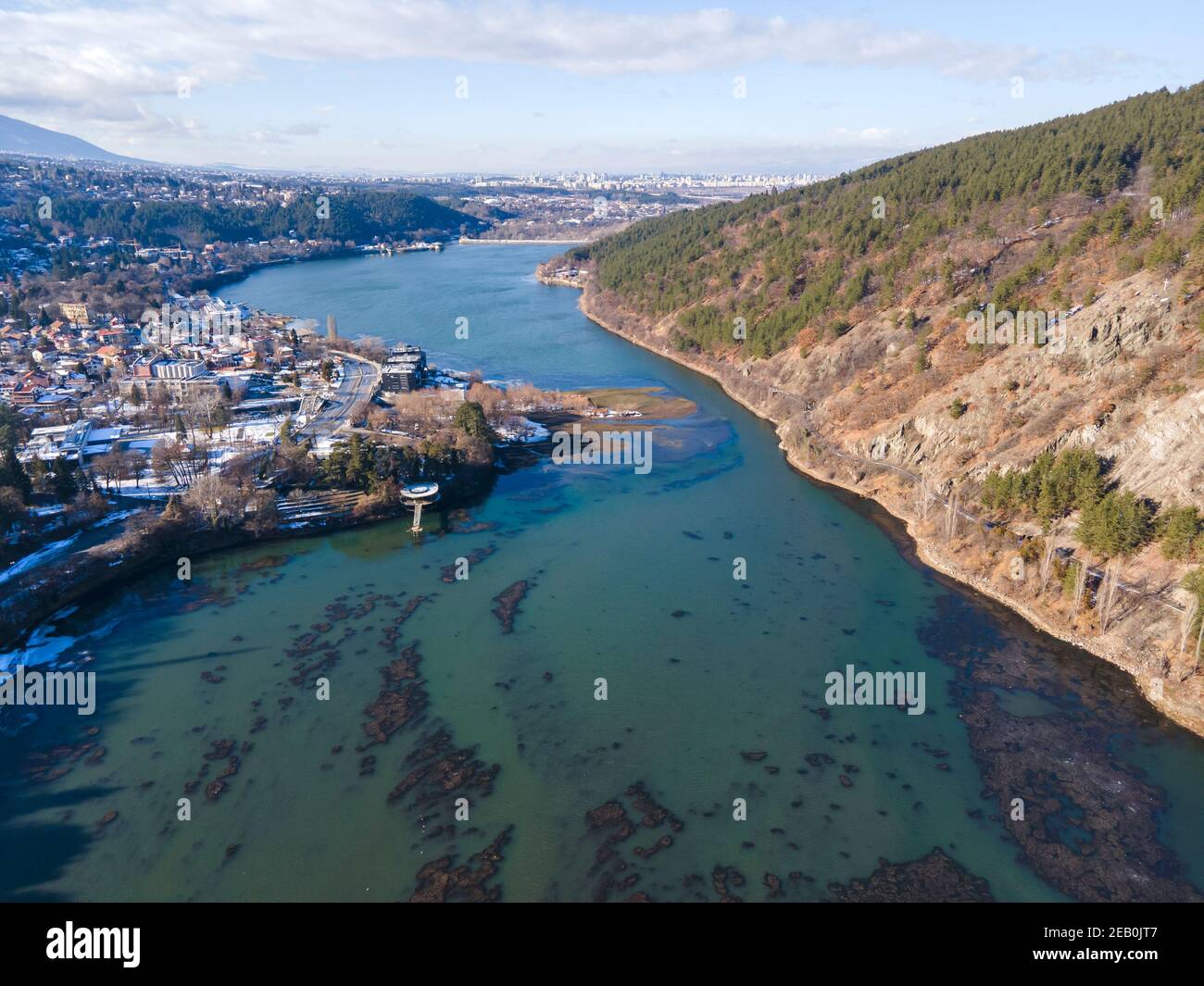 Aerial winter view of Pancharevo lake, Sofia city Region, Bulgaria ...