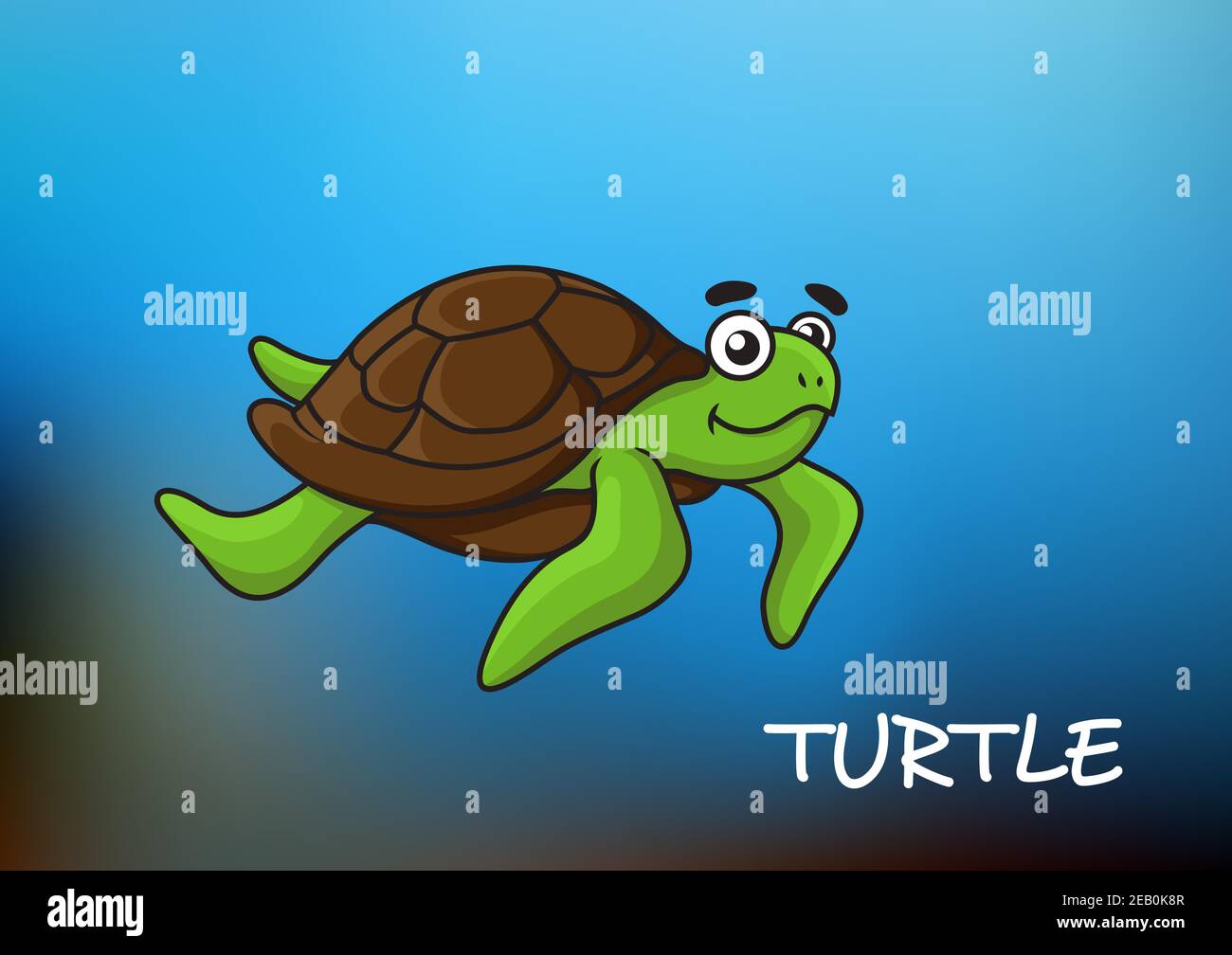 Swimming sea turtle cartoon personage on blue background with text ...