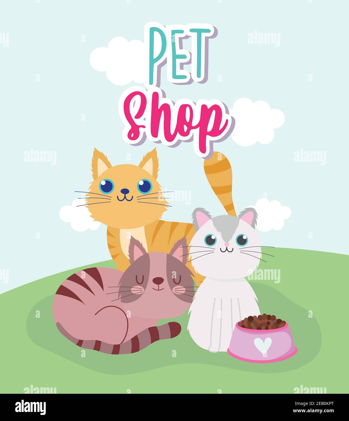 pet shop cute cats and bowl with food cartoon vector illustration Stock ...