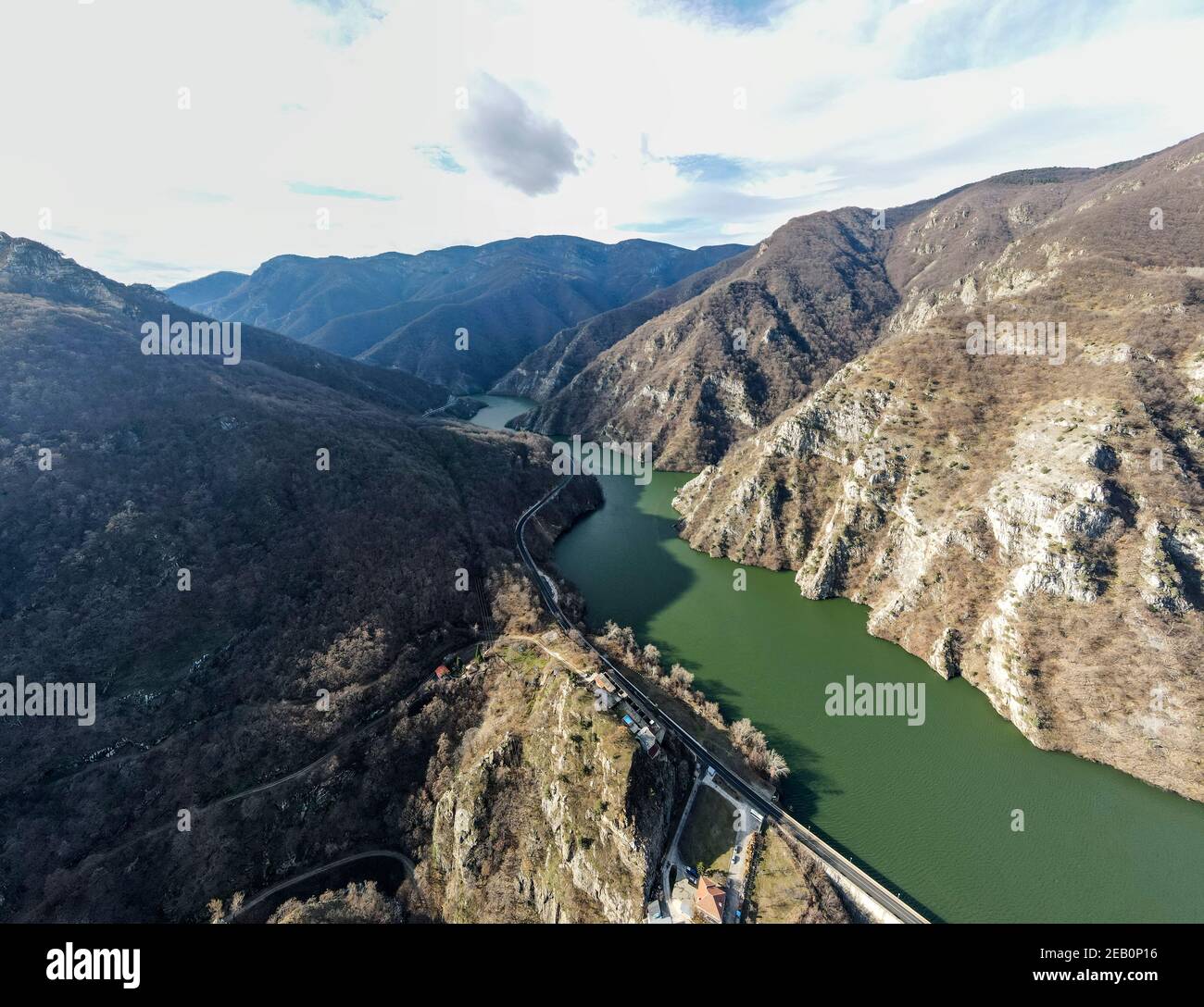 Aerial panorama of dam of Krichim Reservoir, Rhodopes Mountain, Plovdiv ...