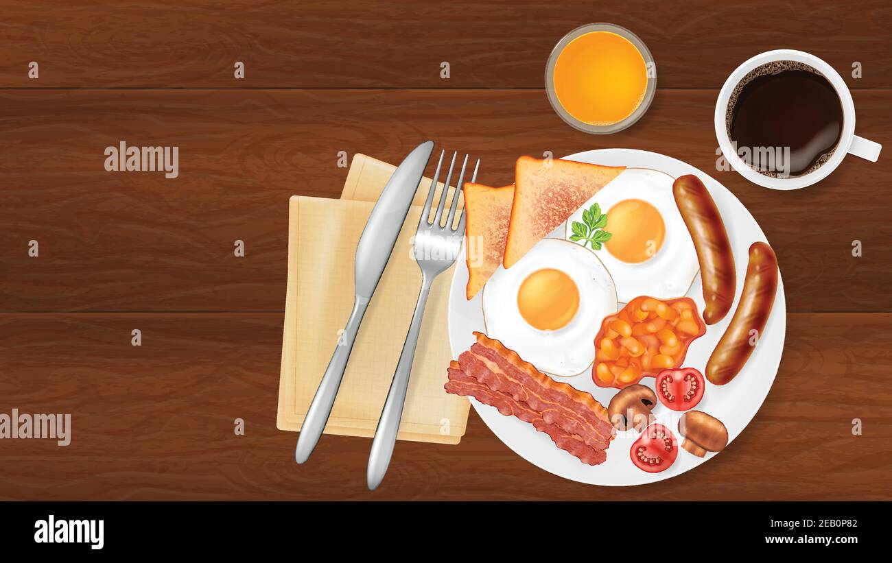 Traditional english breakfast on a plate, top view. Vector illustration ...