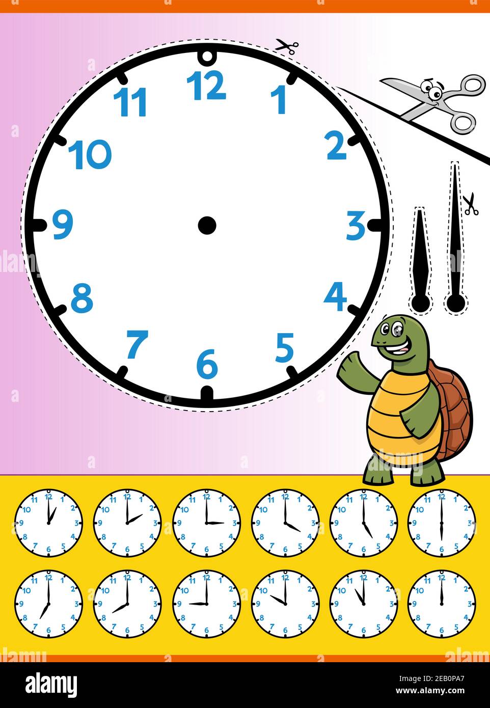 Cartoon illustrations of clock face telling time educational worksheet ...