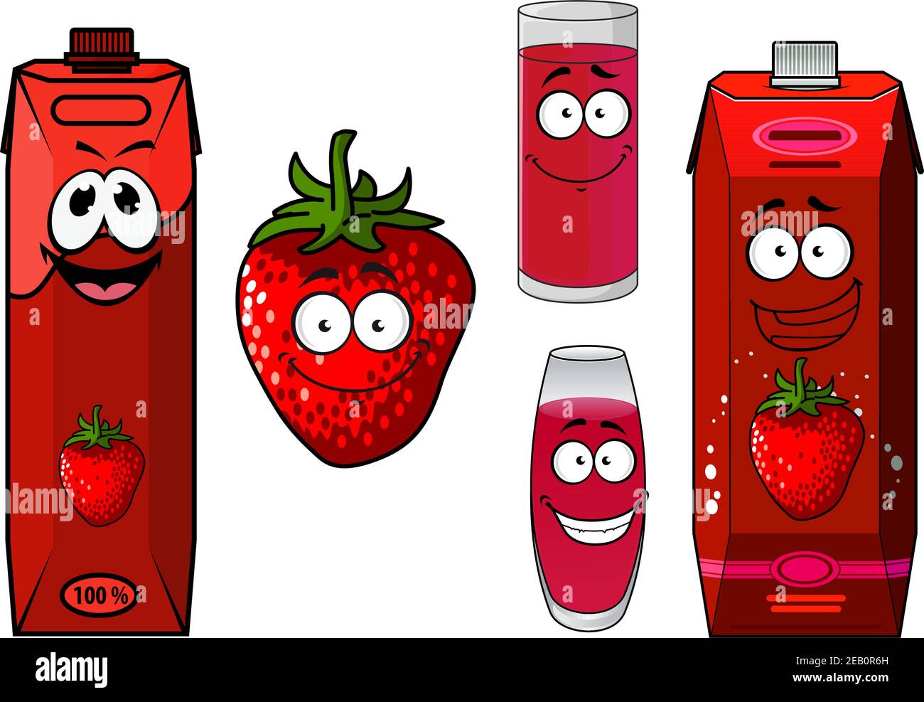 Set of cartoon colorful strawberry juice or smoothie icons with two ...