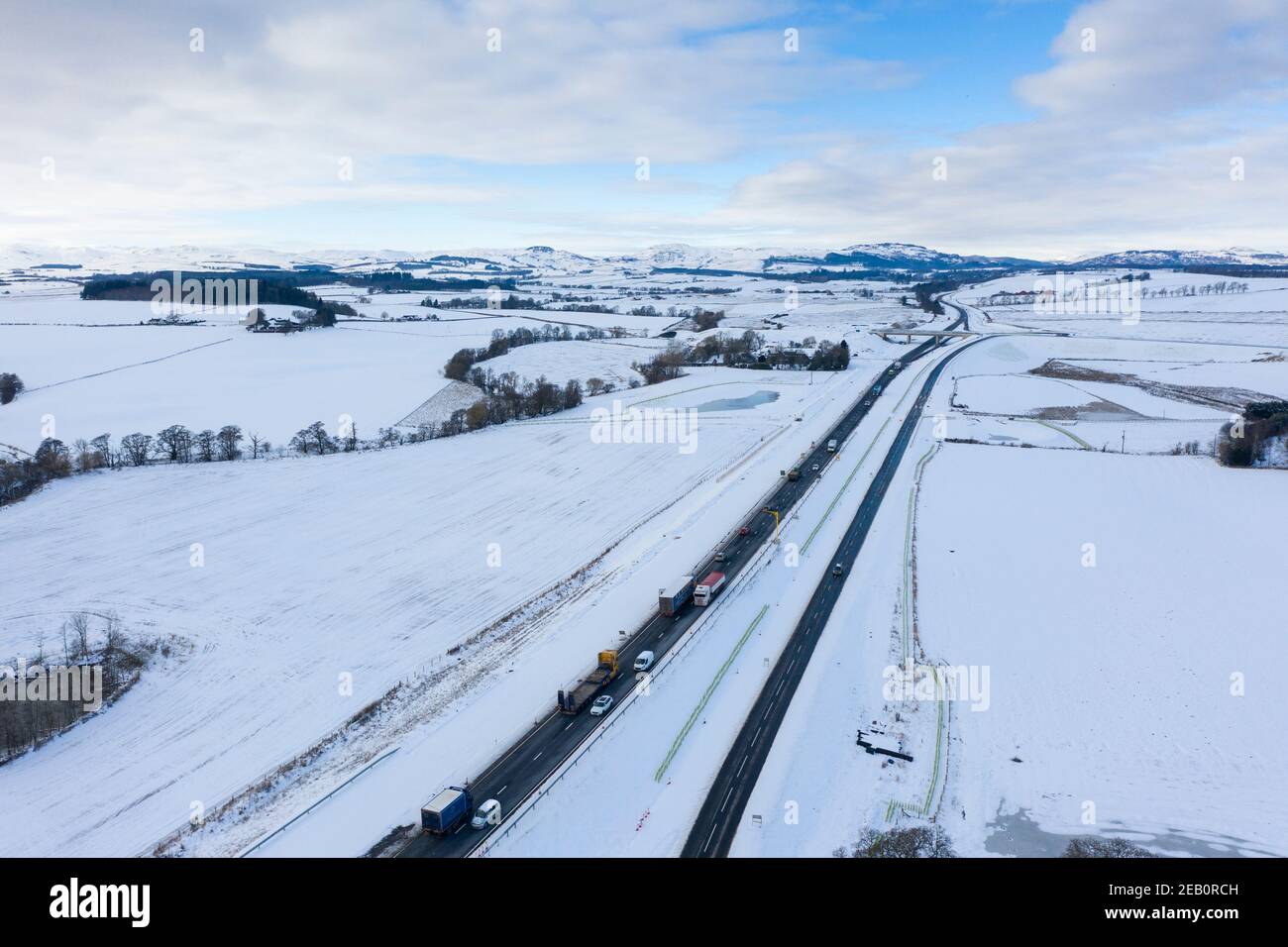 Bankfoot, Perthshire, Scotland, UK. 11 Feb 2021. Aerial view of ...