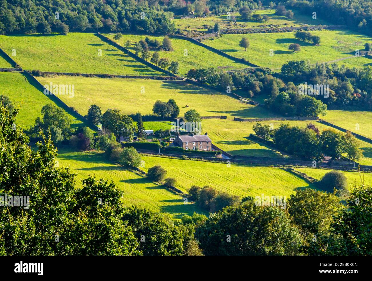 Rural hillside landscape at Tansley near Matlock in the Peak District ...