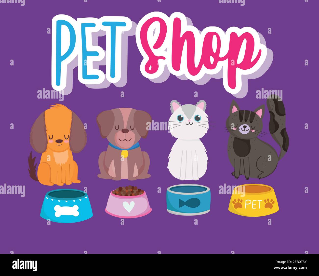 pet shop lettering dogs and cats with food cartoon vector illustration ...