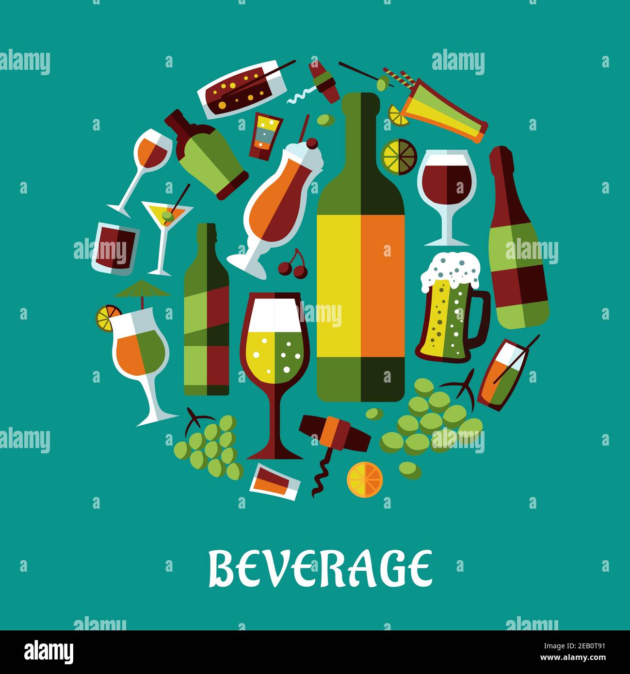 Flat design poster in retro style of beverages, fruits, glasses and ...