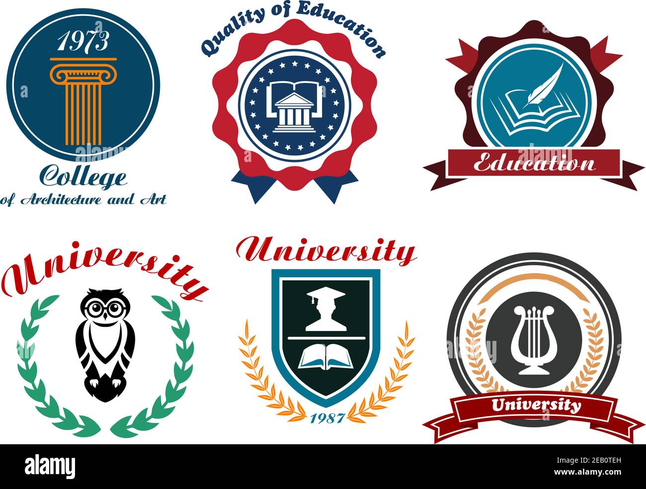 University and college emblem or logo in retro style with symbols of ...