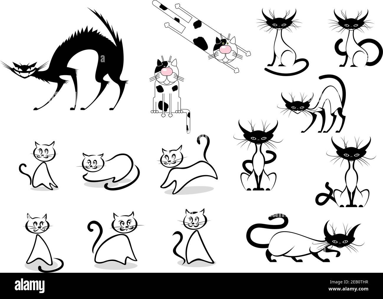 Set of cartoon black, siamese and dotted cats in various poses and ...