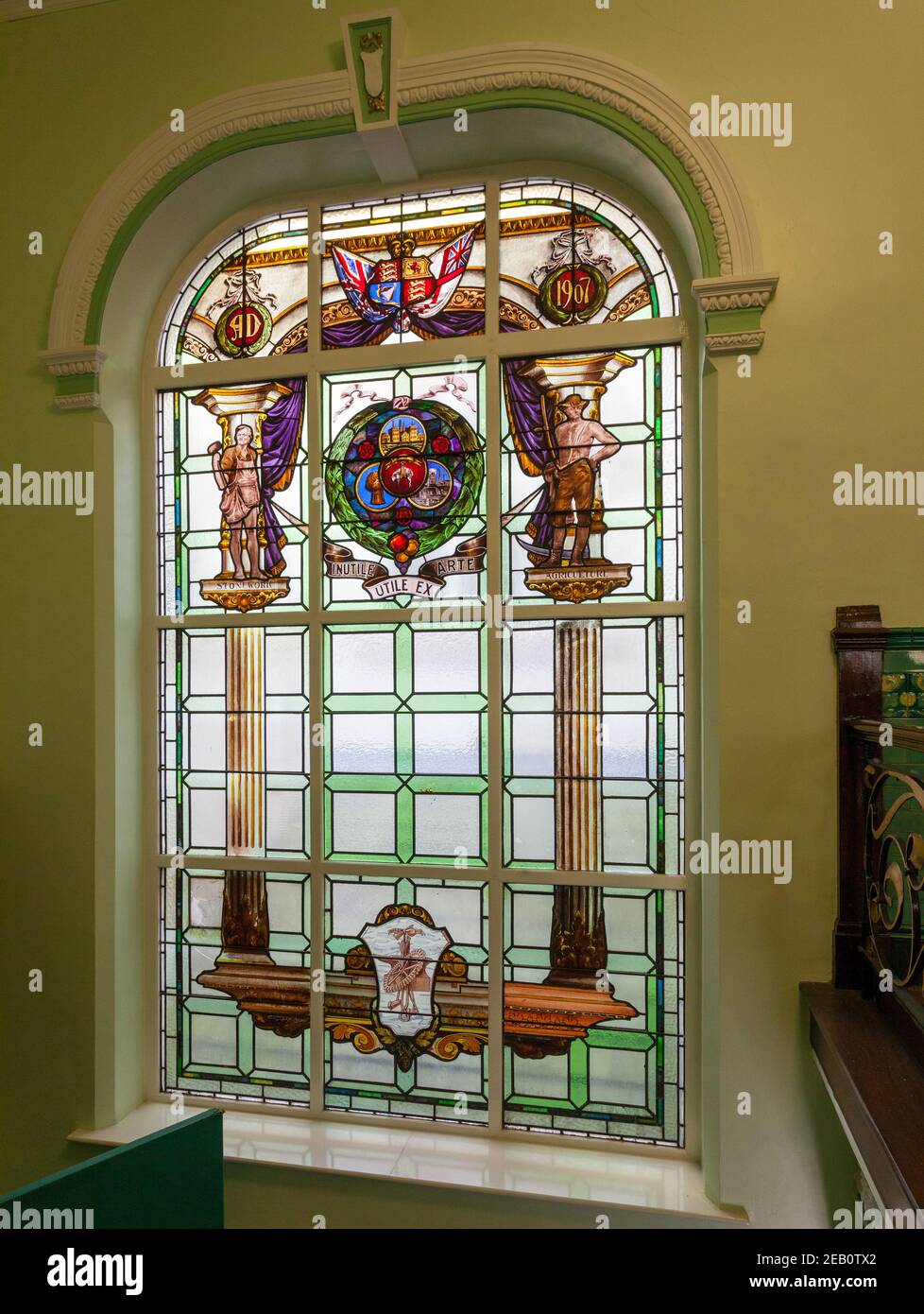 Edwardian stained glass window dated 1907 in Ossett town hall Stock ...