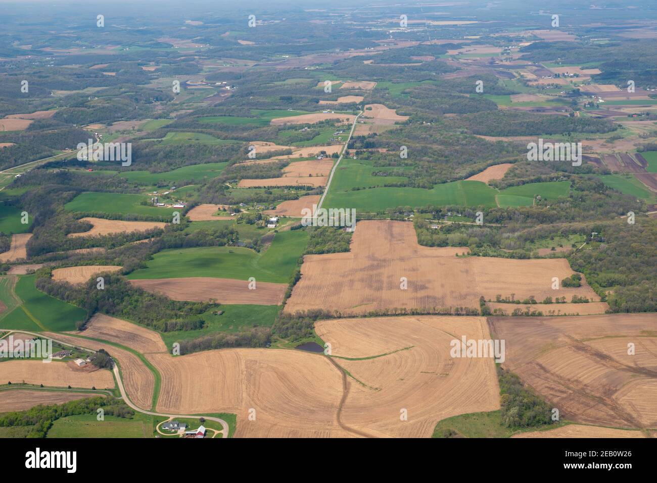 Aerial view of farmland and countryside in rural Dane County, Wisconsin ...