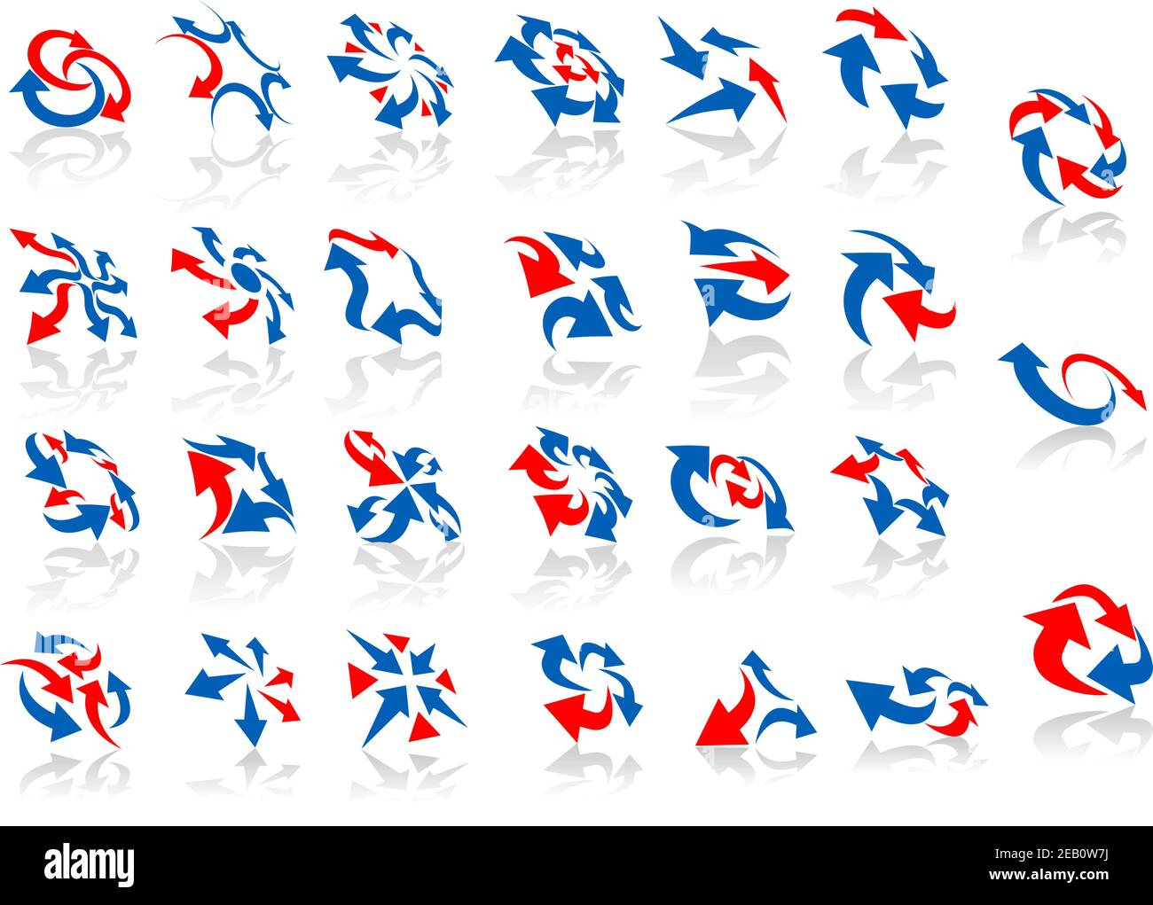 Large icon set of red and blue arrows symbols with shadows on white ...