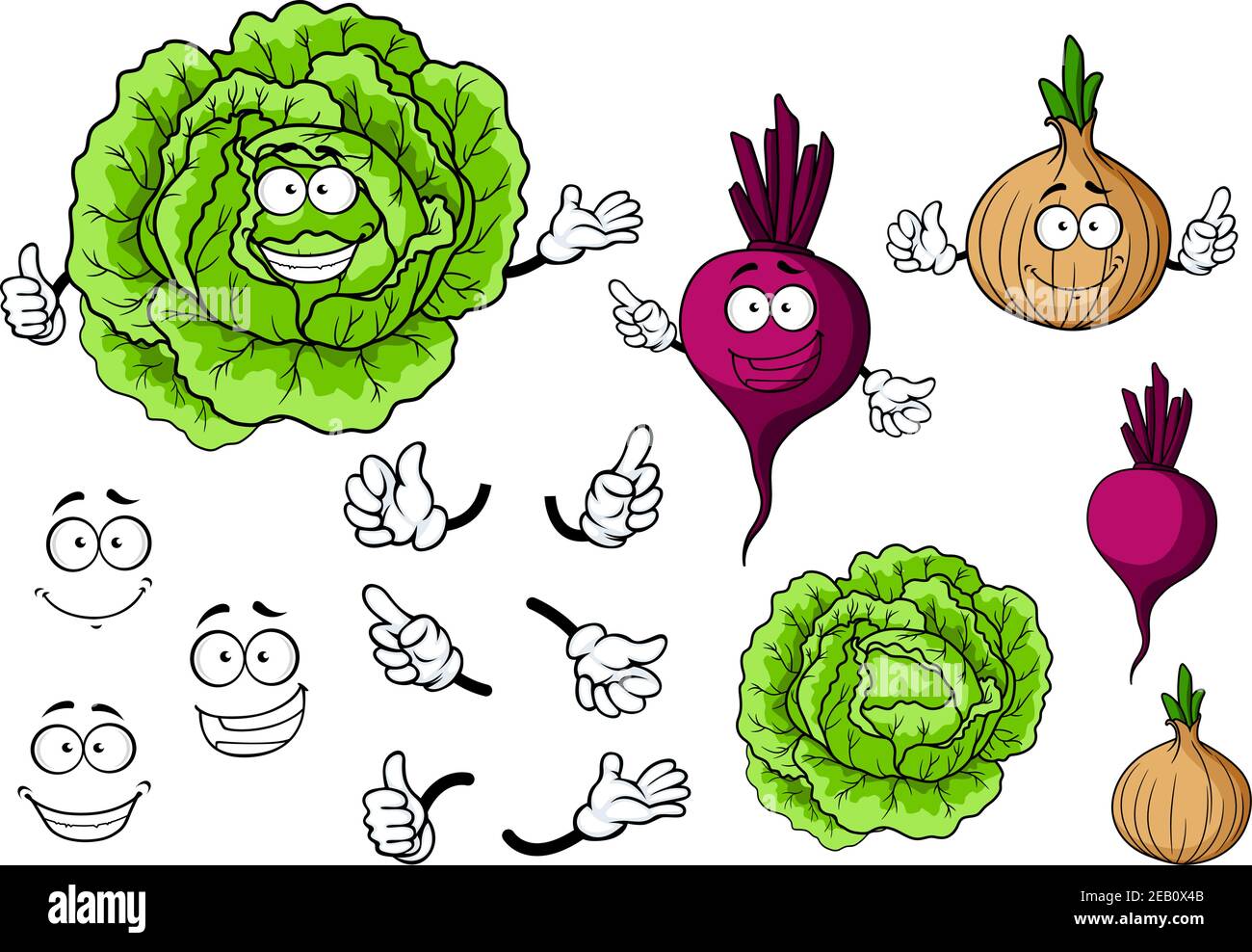Cartoon smiling vegetable characters with fresh cabbage, onion and beet ...