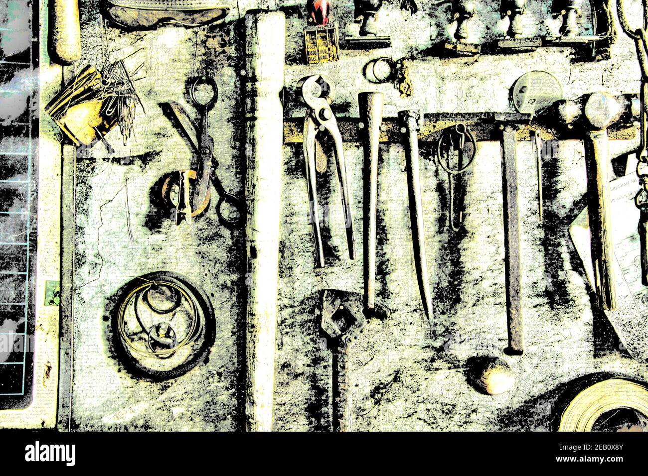 old work tools hanging on the wall Stock Photo - Alamy