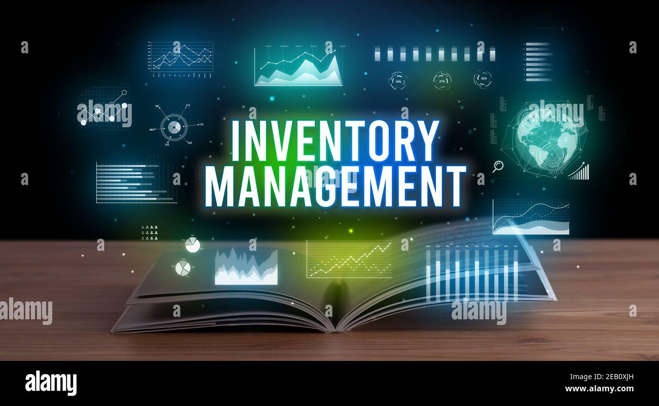 INVENTORY MANAGEMENT inscription coming out from an open book, creative ...