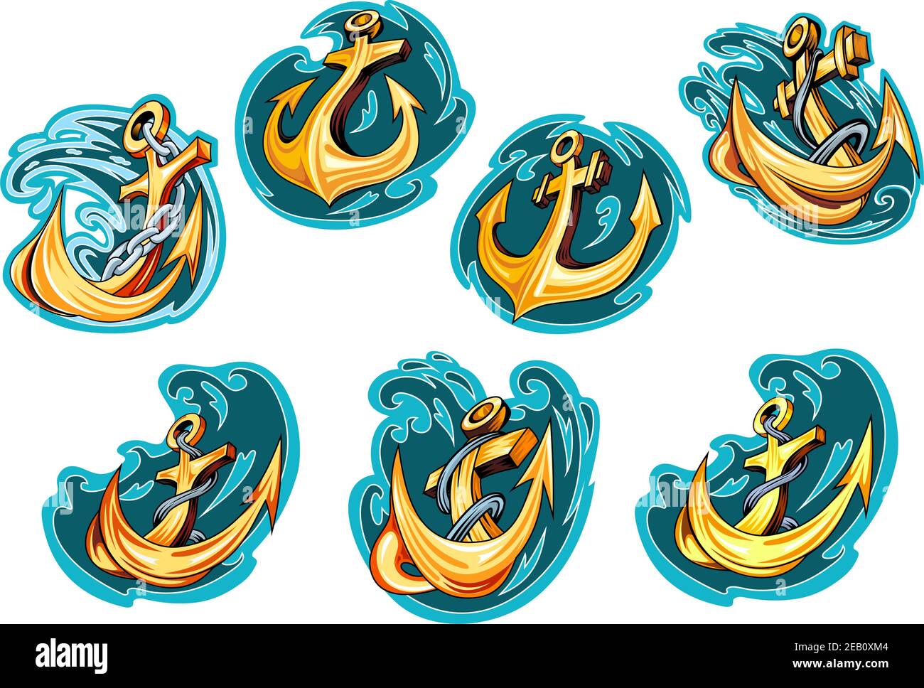 Yellow cartooned anchors on blue ocean waves with chains and ropes for ...