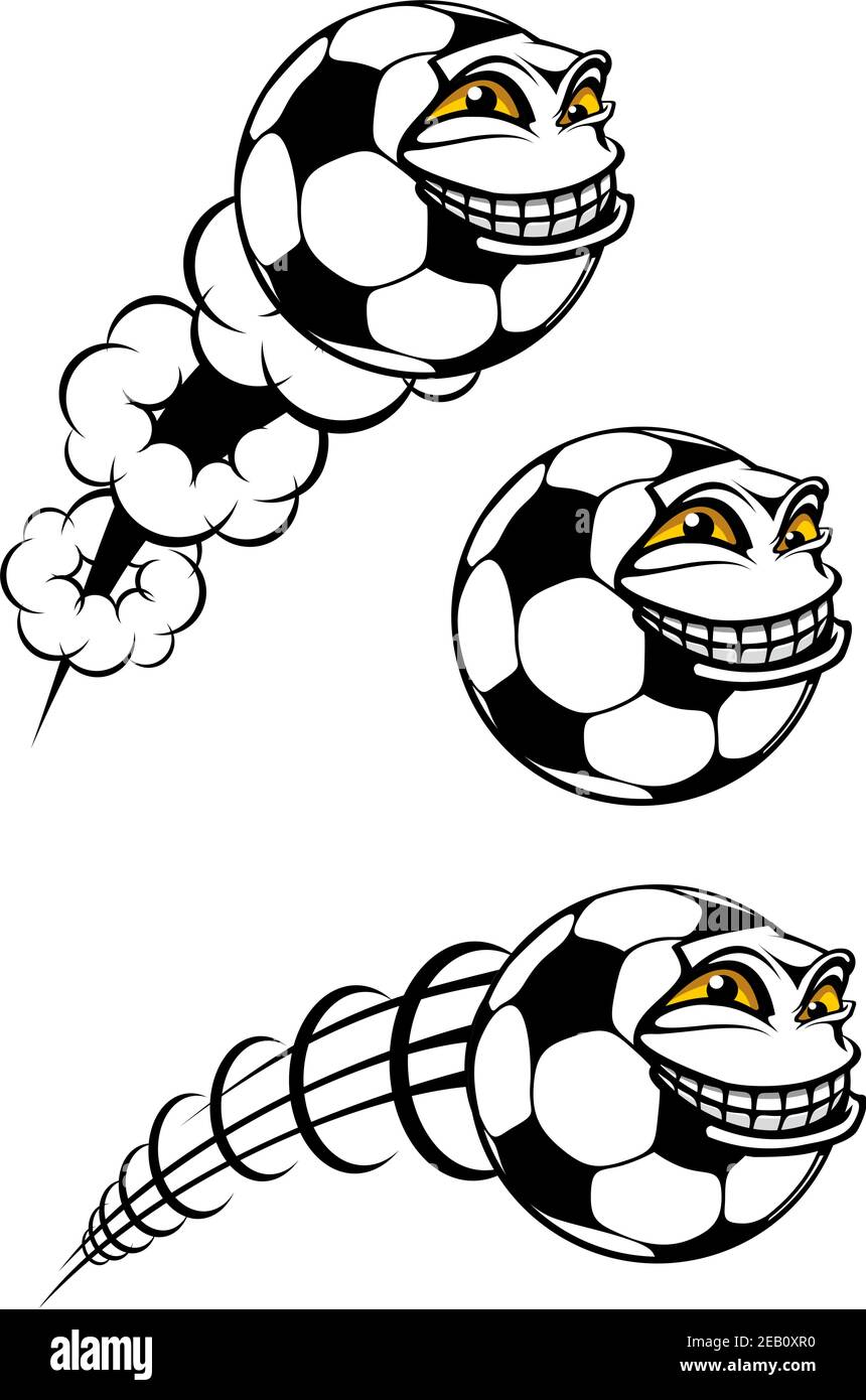 Flying cartooned soccer or football ball with funny face and motion ...