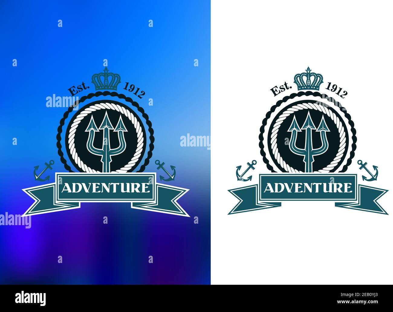 Nautical heraldic emblem with trident, rope frame, royal crown, anchors ...