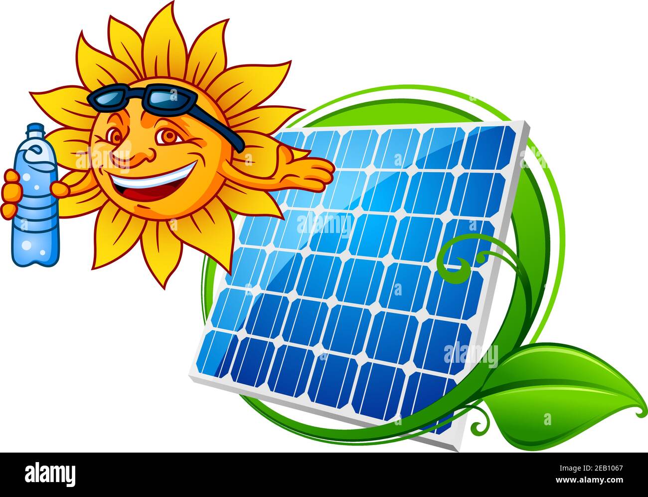 Cartoon sun with water bottle and solar panel with green frame Stock ...