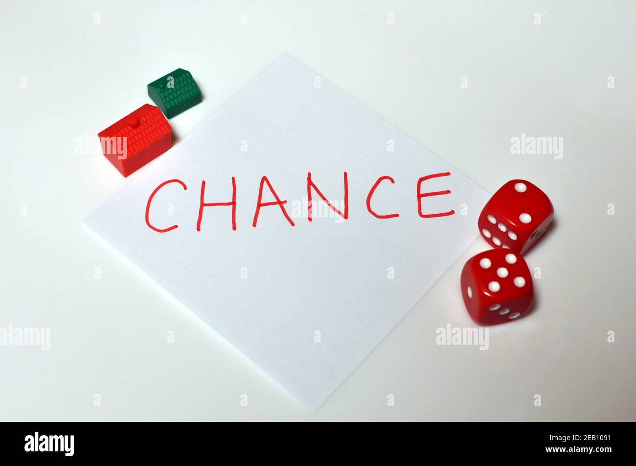 The word Chance written by hand and put on the white table with dice ...