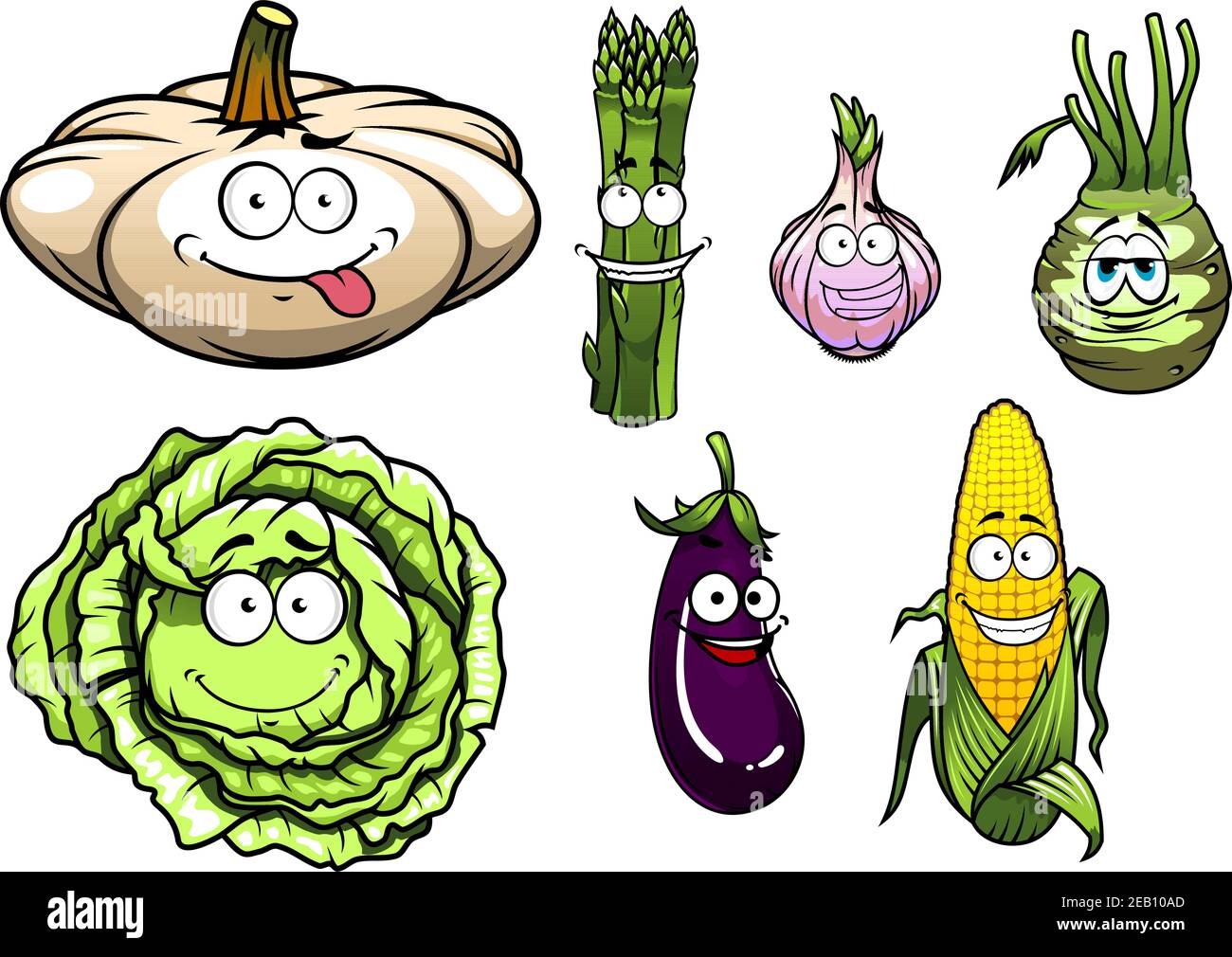 Colorful cartoon squash, asparagus, garlic, kohlrabi, cabbage, eggplant ...