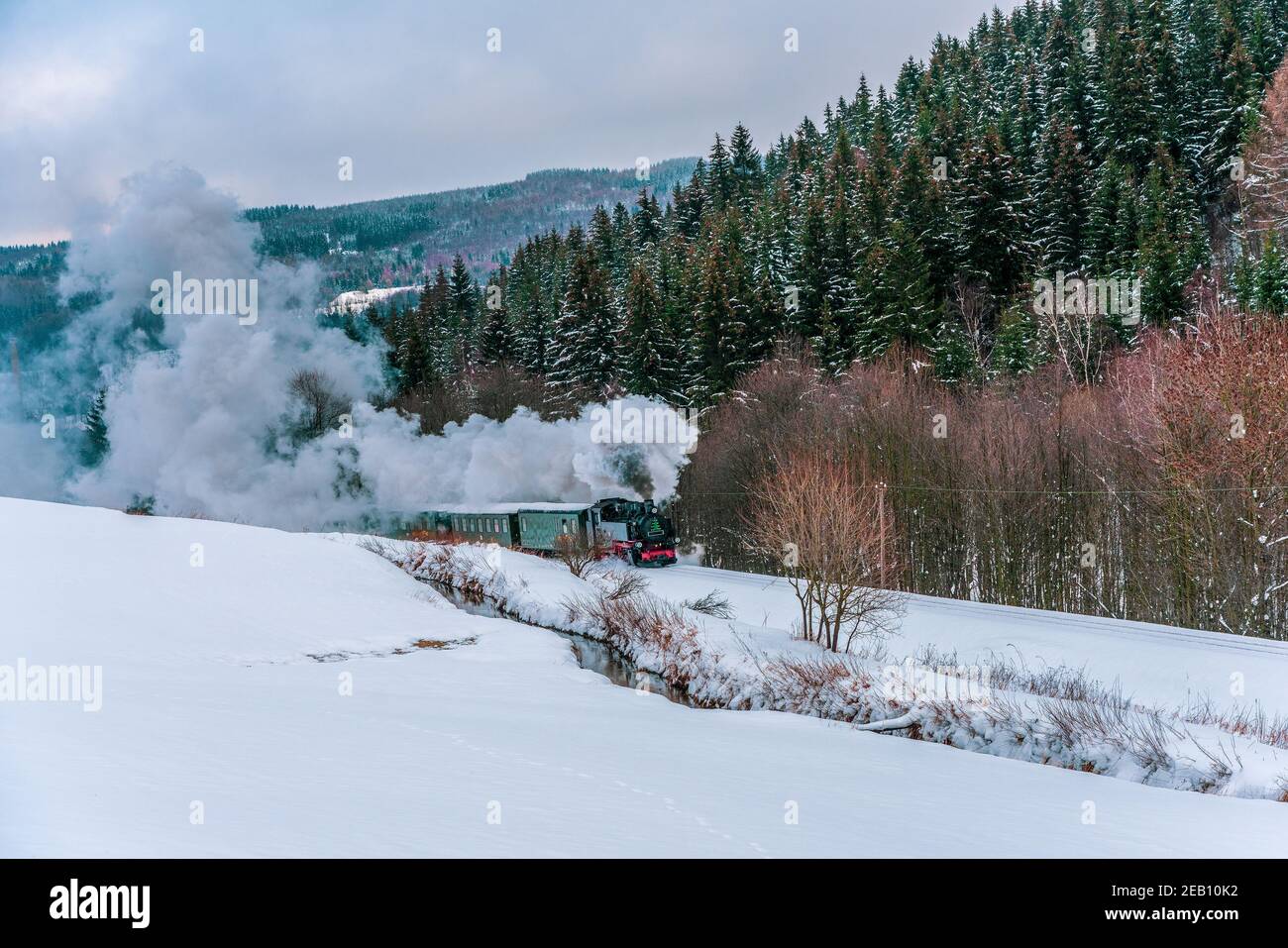 historic steam locomotive in winter, Ore Mountains Germany Stock Photo ...