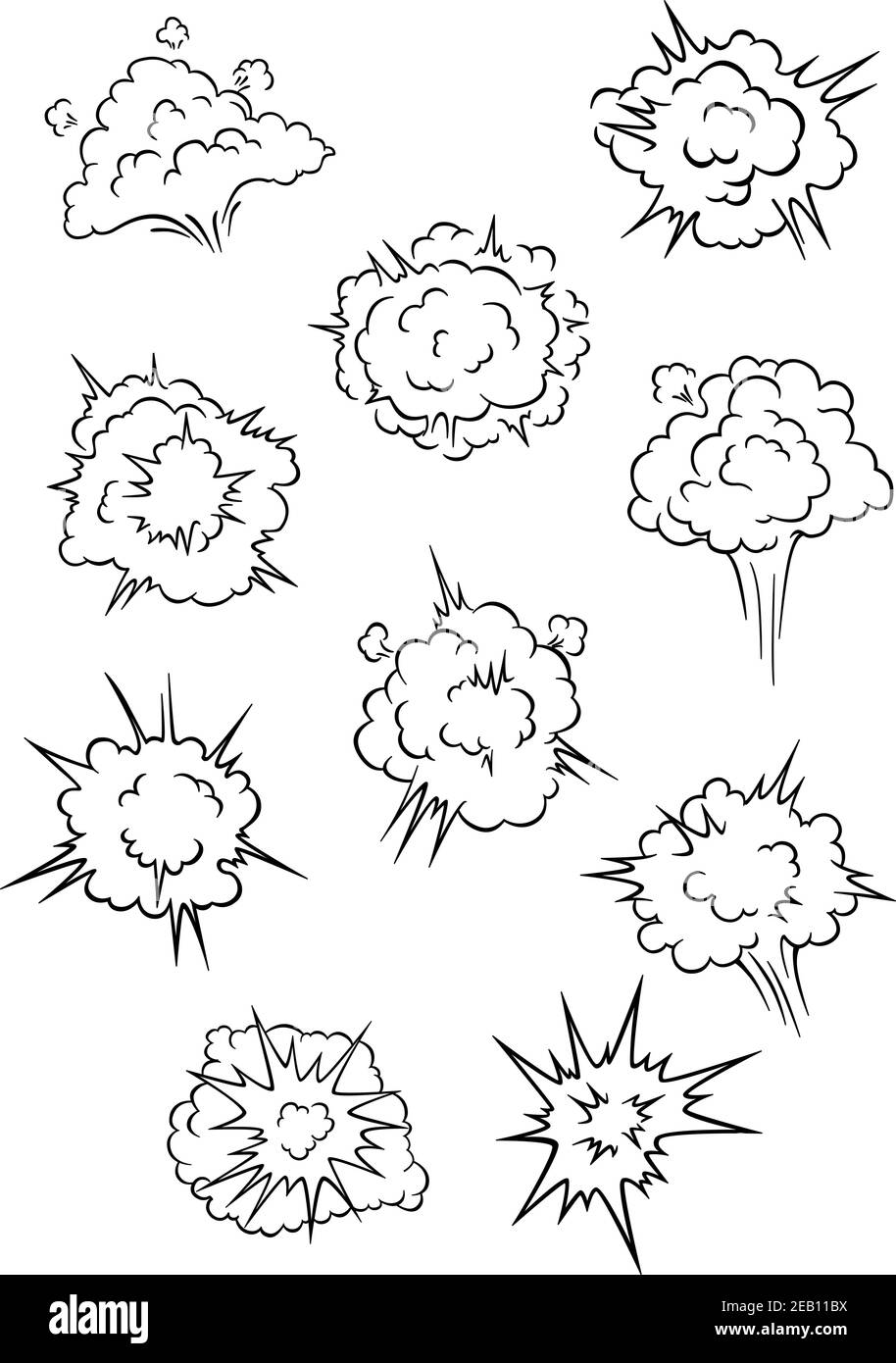 Assorted cartoon explosion effects and clouds on white background for ...