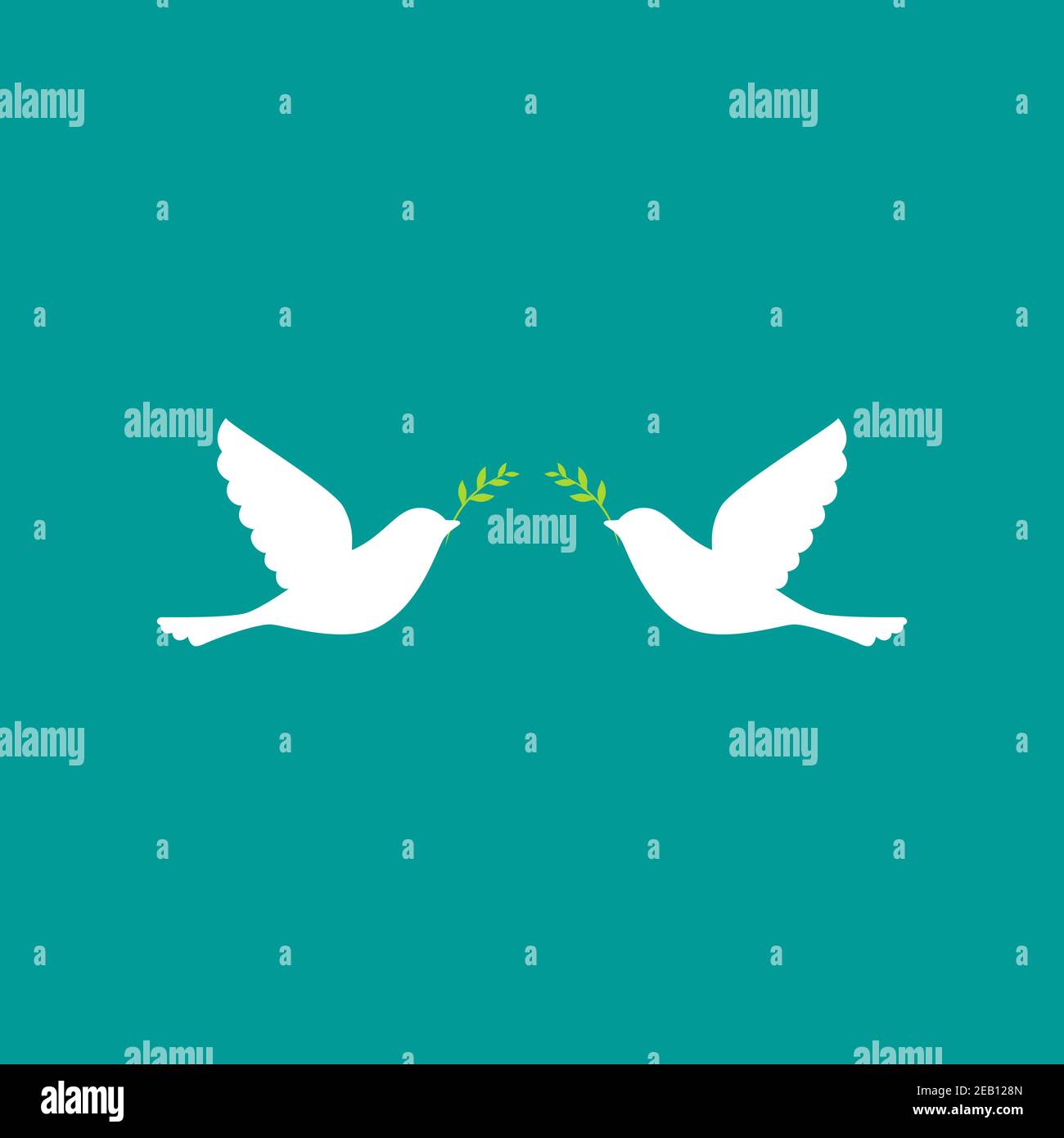 Two white dove birds with green branches or sprigs on blue background ...